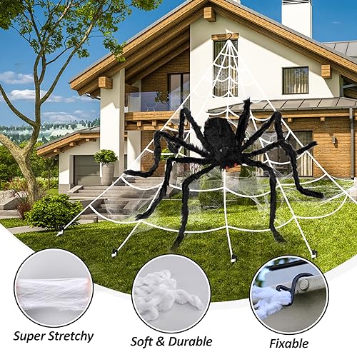 3pcs 212'' Halloween Spider Web 49" Halloween Spider Decorations Stretch Cobweb Fake Spider Giant Spider Web for Indoor Outdoor Halloween Decorations Yard Lawn Home Costumes Party Haunted House Décor