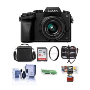 panasonic lumix dmc-g7 mirrorless camera with 14-42mm lens, black - bundle with camera case, 32gb sdhc card, cleaning kit, memory wallet, card reader, 46mm uv filter, mac software package