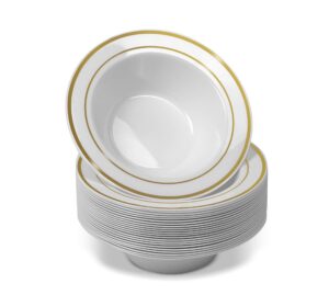 bloomingoods 50 disposable white gold trim plastic dessert bowls | small 6 oz. premium heavy duty disposable dinnerware with real china design | safe & reusable and great for parties (50-pack)