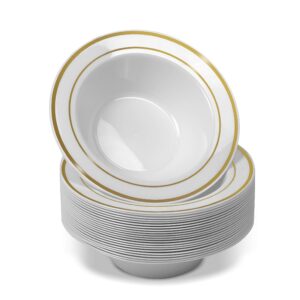 BloominGoods 50 Disposable White Gold Trim Plastic Dessert Bowls | SMALL 6 oz. Premium Heavy Duty Disposable Dinnerware with Real China Design | Safe & Reusable and Great for Parties (50-Pack)