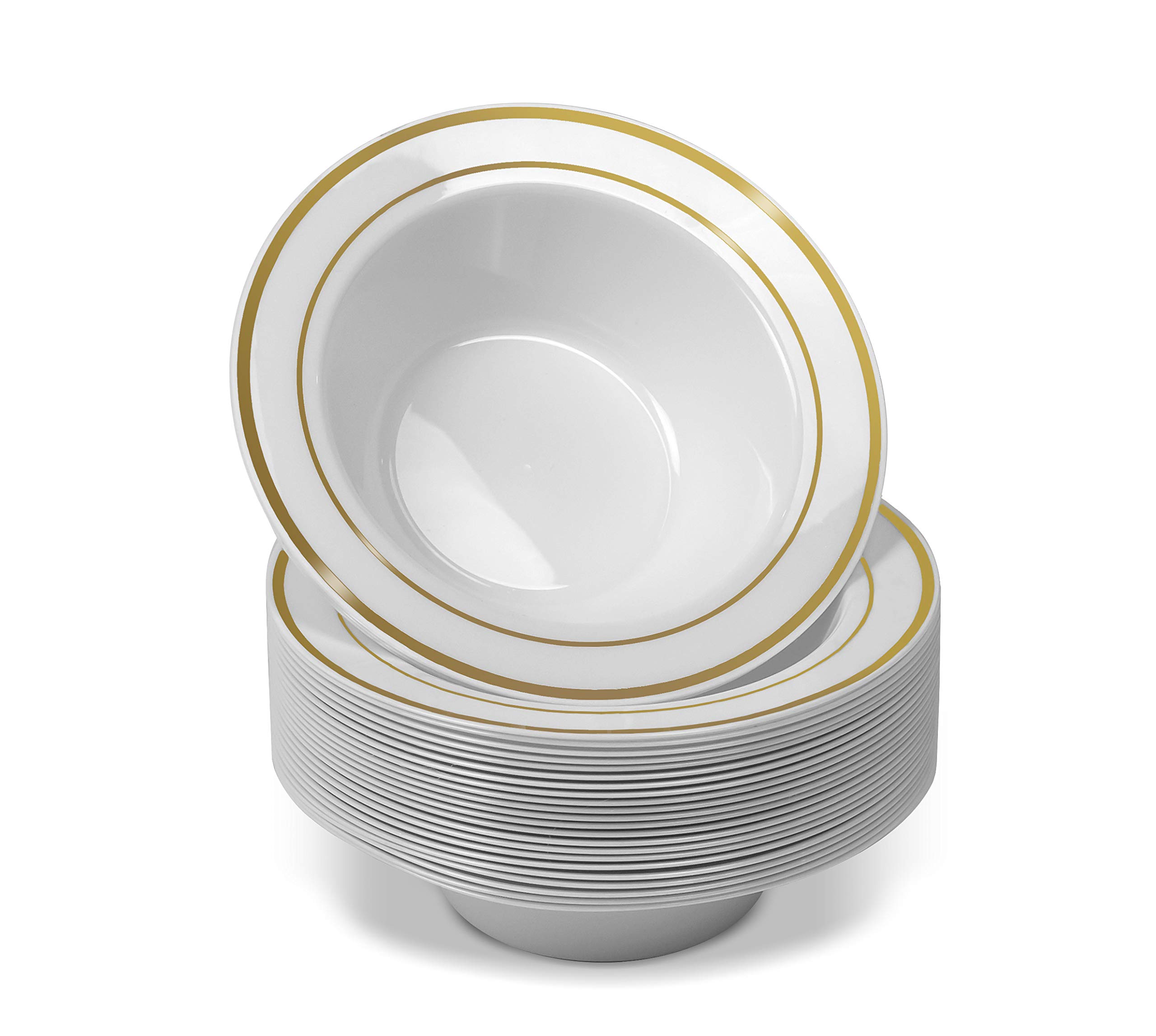 BloominGoods 50 Disposable White Gold Trim Plastic Dessert Bowls | SMALL 6 oz. Premium Heavy Duty Disposable Dinnerware with Real China Design | Safe & Reusable and Great for Parties (50-Pack)