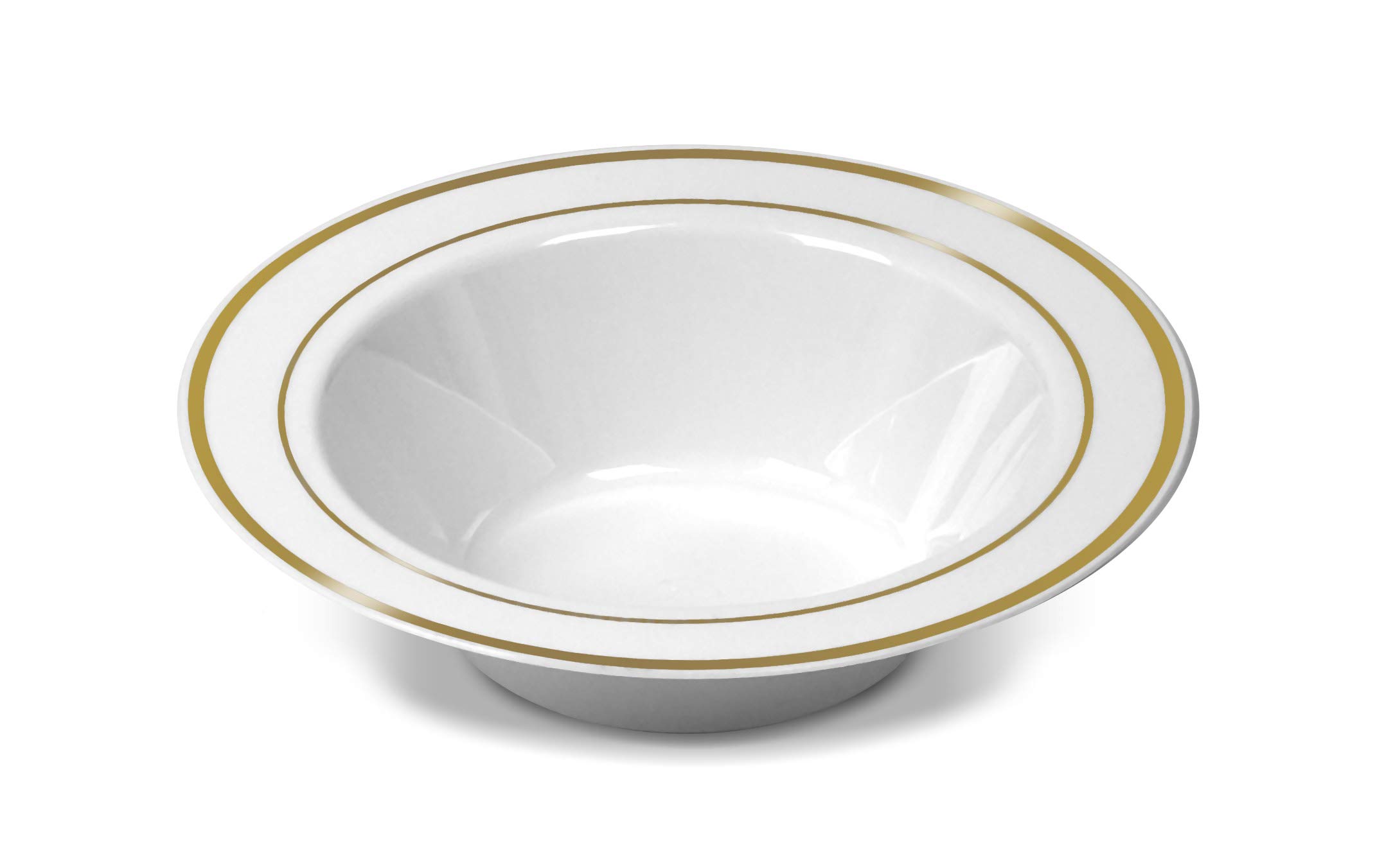 BloominGoods 50 Disposable White Gold Trim Plastic Dessert Bowls | SMALL 6 oz. Premium Heavy Duty Disposable Dinnerware with Real China Design | Safe & Reusable and Great for Parties (50-Pack)