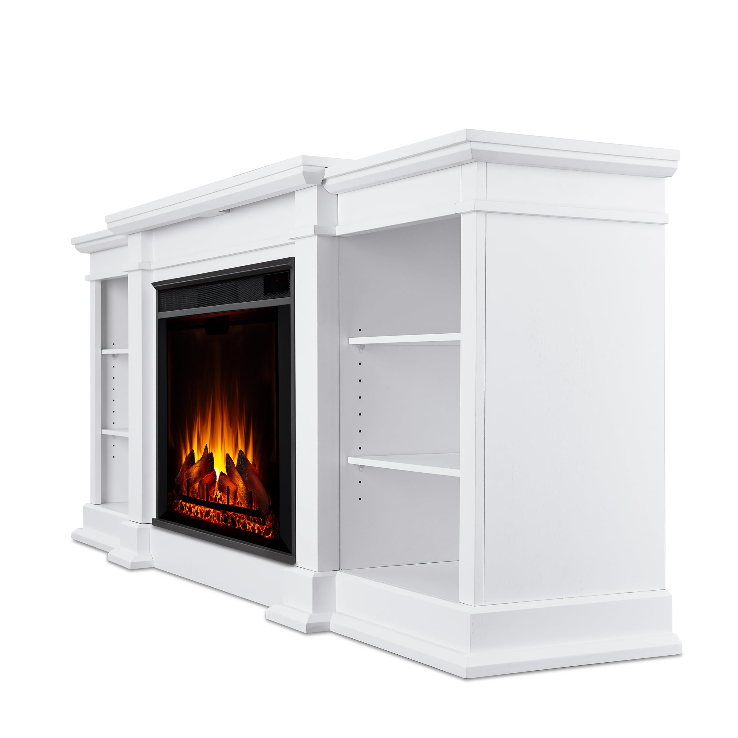 Real Flame Eliot Grand Electric Fireplace TV Stand, Solid Wood with Adjustable Shelves, Includes Mantel, Firebox & Remote Control, White