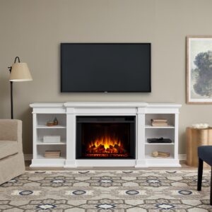 Real Flame Eliot Grand Electric Fireplace TV Stand, Solid Wood with Adjustable Shelves, Includes Mantel, Firebox & Remote Control, White