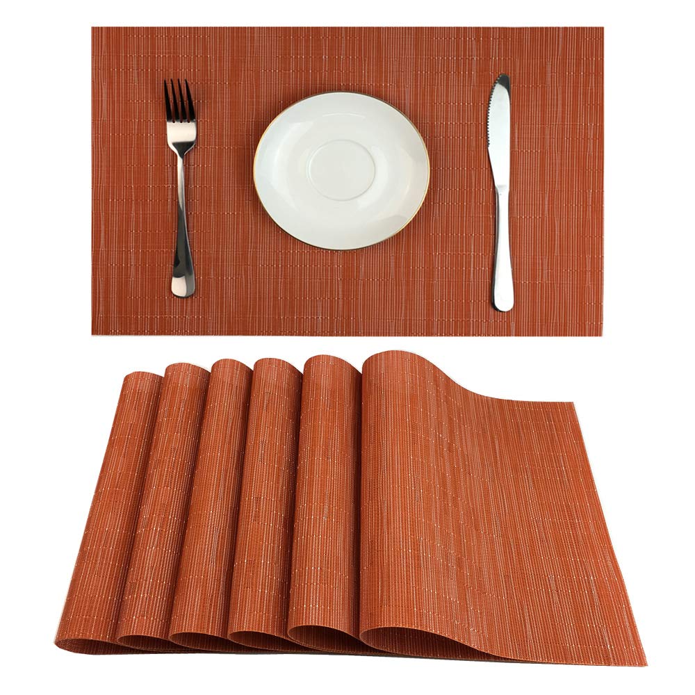 WAZAIGUR Placemats Set of 6 for Dining Table Heat-Resistant Washable Place Mats Woven Vinyl Kitchen Table Mats Easy to Clean,Orange