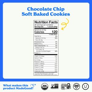 MadeGood Soft Baked Chocolate Chip Mini Cookies, Gluten Free & Safe For School Snacks, 30 Count