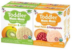 hot-kid baby mum-mum rice rusks, 2 flavor variety pack, 24 pieces (pack of 4) 2 each: organic sweet potato & pomegranate/mango & kiwi organic, gluten free, allergen free, non-gmo