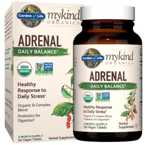 garden of life mykind organics adrenal daily balance, adaptogenic herbs ashwagandha, holy basil, b complex & probiotics, organic non-gmo, vegan, gluten free supplement, two month supply, 120 tablets