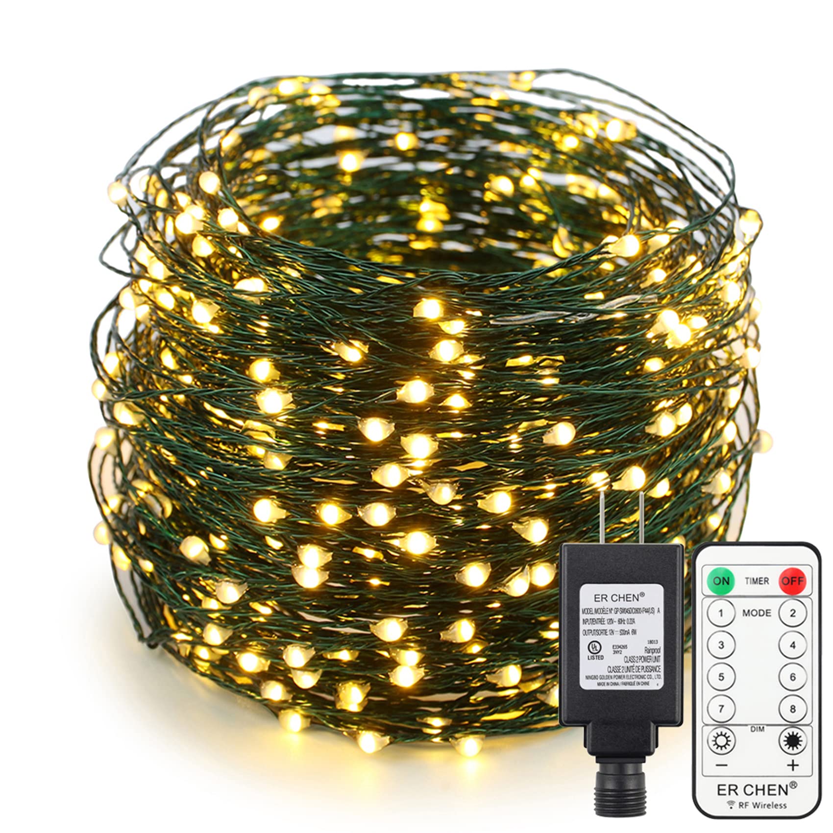 ER CHEN 165ft Led String Lights, 500 Led Starry Lights on 50M Green Copper Wire String Lights Power Adapter + Remote Control(Warm White)