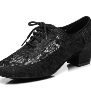 Minishion Women's Floral Mesh Lace-up Low Heel Ballroom Latin Dance Shoes Prom Pumps Black US 8.5