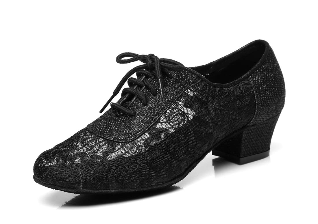 Minishion Women's Floral Mesh Lace-up Low Heel Ballroom Latin Dance Shoes Prom Pumps Black US 8.5