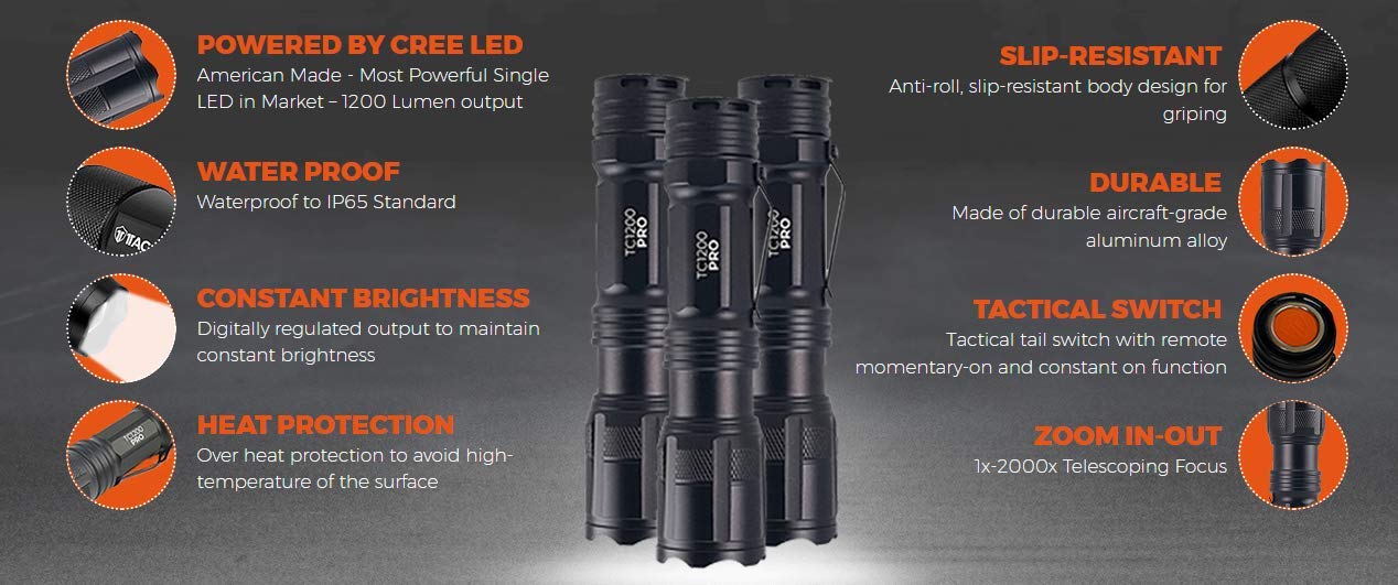 1TAC LED Ultra Bright High Powered 1200 Lumen Tactical Flashlight CREE LED | Waterproof Magnetic Base Lanyard Utility Clip Five Modes of Light | Aircraft Grade Aluminum