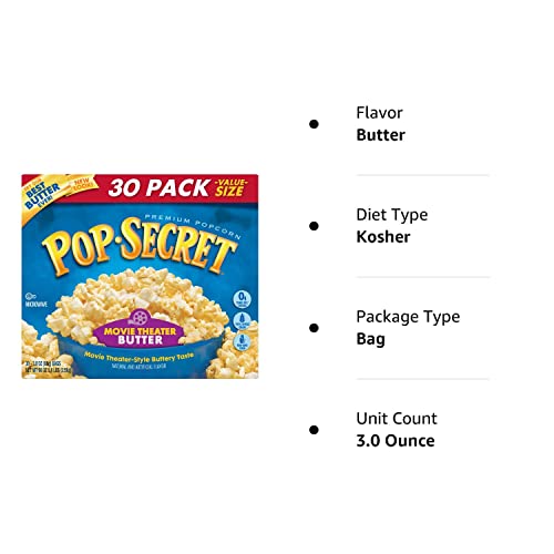 Pop Secret Popcorn, Movie Theater Butter, 3 Ounce Microwave Bags, 30 Count