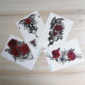 Yesallwas 4 Sheets Large Temporary Tattoo Sticker Fake Tattoos for Women Girls Models,Waterproof Long Lasting Body Art Makeup Sexy Realistic Arm Tattoos -Rose, Flowers，Jewelry 5.9x8.26inche (A)