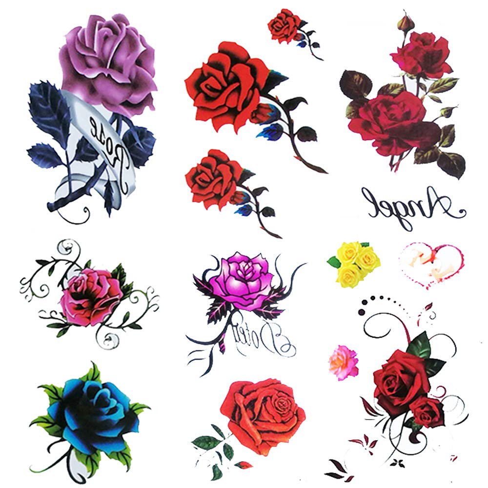 6 Sheet small fake Rose tattoo for women Girls,Temporary Tattoos blue red flower,waterproof and Long Lasting sexy tattoos flowers -include purple pink yellow rose flowers, butterfly