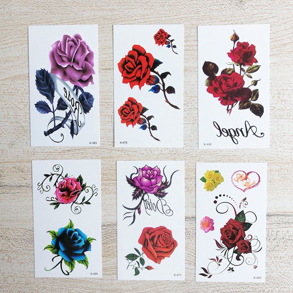 6 Sheet small fake Rose tattoo for women Girls,Temporary Tattoos blue red flower,waterproof and Long Lasting sexy tattoos flowers -include purple pink yellow rose flowers, butterfly