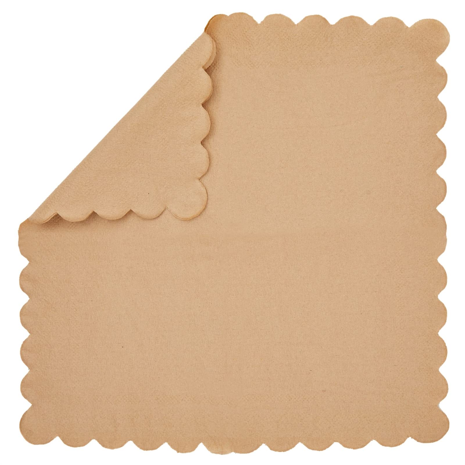 100 Pack Brown Paper Napkins with Scalloped Edges - 2-ply Disposable Cocktail Napkins for Wedding, Birthday Party (5x5 In)