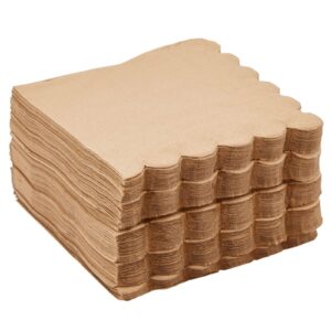 100 Pack Brown Paper Napkins with Scalloped Edges - 2-ply Disposable Cocktail Napkins for Wedding, Birthday Party (5x5 In)