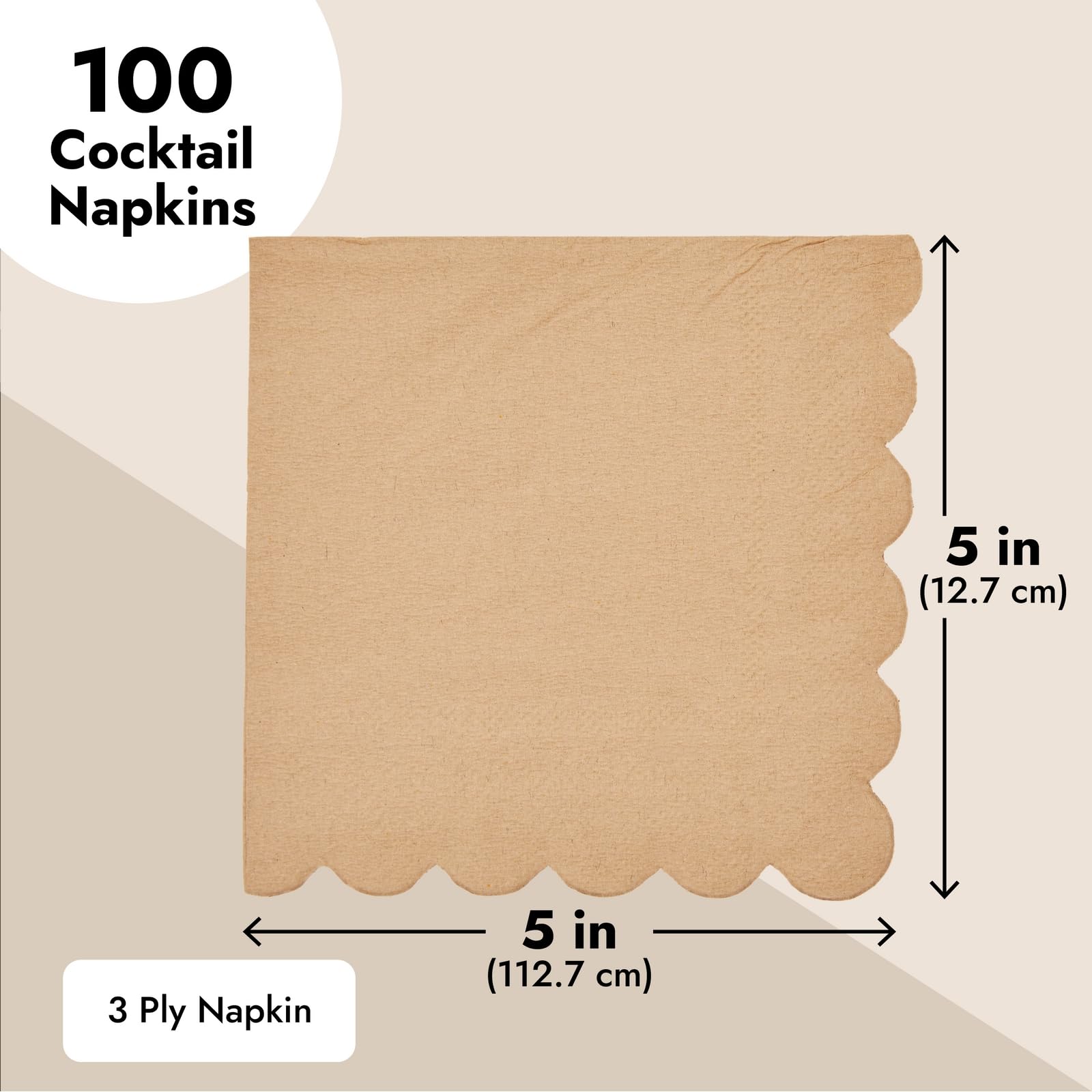 100 Pack Brown Paper Napkins with Scalloped Edges - 2-ply Disposable Cocktail Napkins for Wedding, Birthday Party (5x5 In)