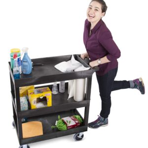 Stand Steady Tubstr 3 Shelf Utility Cart Supports Up to 375 lbs - Heavy-Duty Plastic Service Push Cart with Deep Shelves and 5" Casters, for Offices, Warehouse Storage, Garage (Black, 32 x 18 x 51)