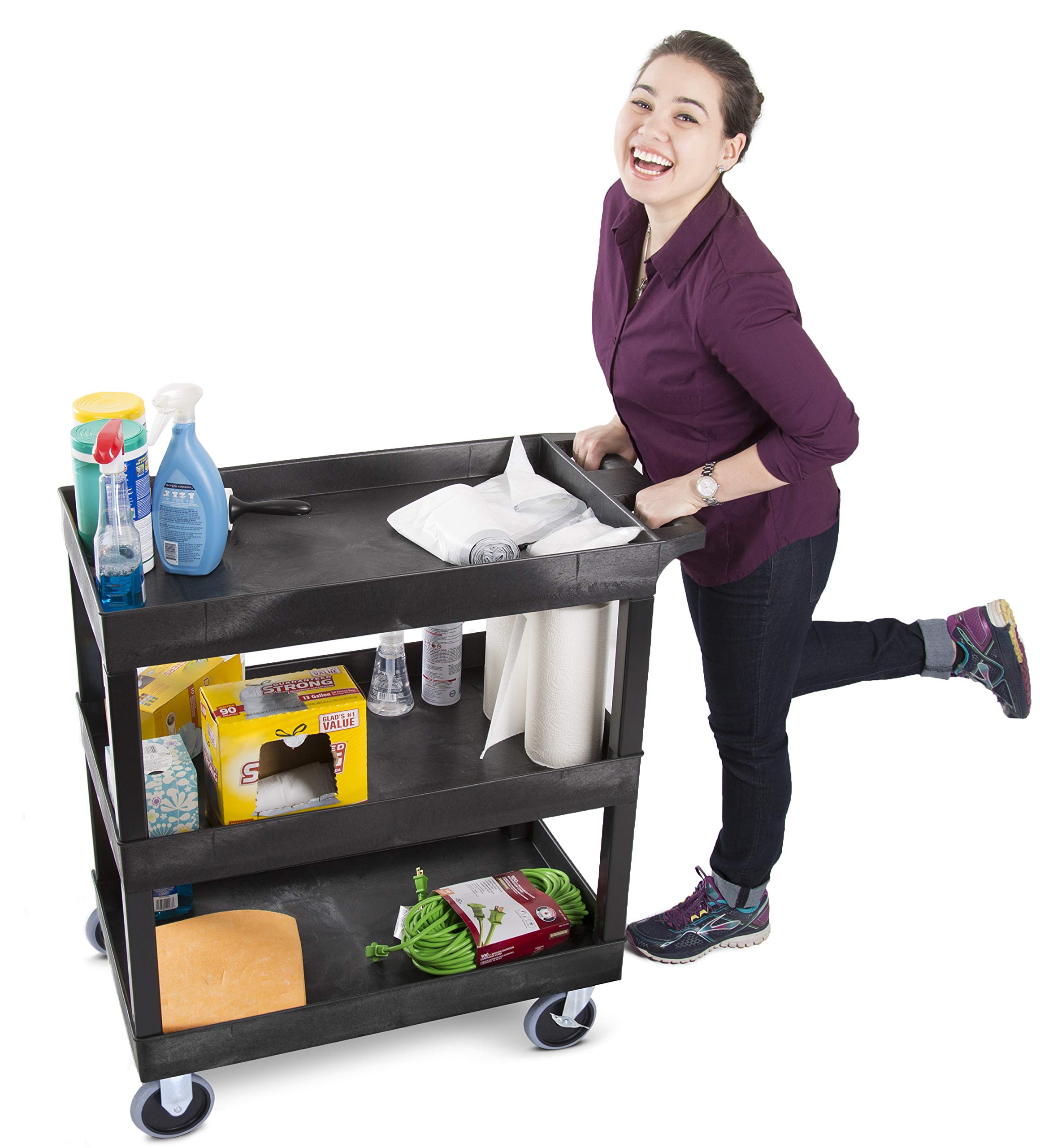 Stand Steady Tubstr 3 Shelf Utility Cart Supports Up to 375 lbs - Heavy-Duty Plastic Service Push Cart with Deep Shelves and 5" Casters, for Offices, Warehouse Storage, Garage (Black, 32 x 18 x 51)