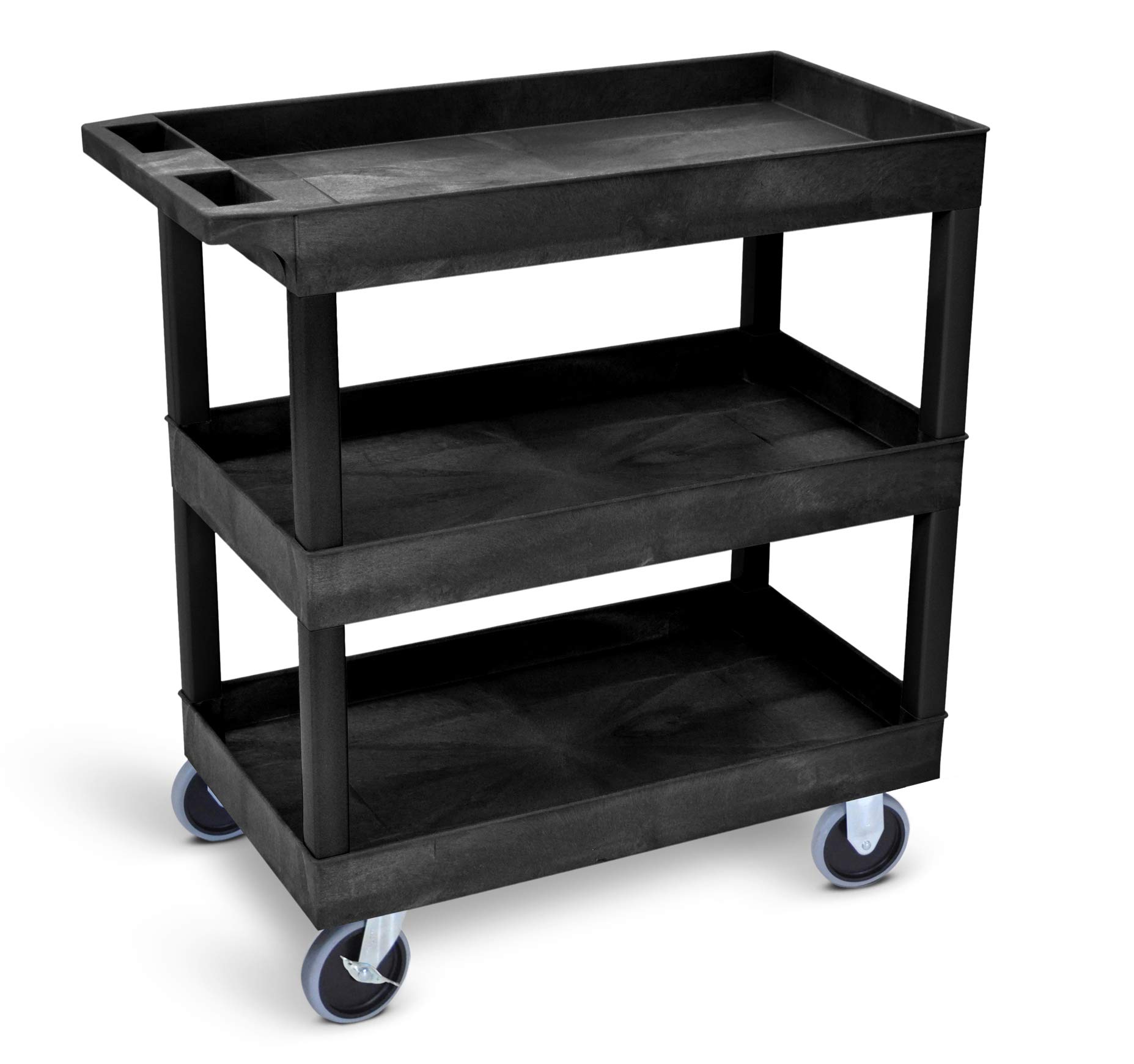 Stand Steady Tubstr 3 Shelf Utility Cart Supports Up to 375 lbs - Heavy-Duty Plastic Service Push Cart with Deep Shelves and 5" Casters, for Offices, Warehouse Storage, Garage (Black, 32 x 18 x 51)