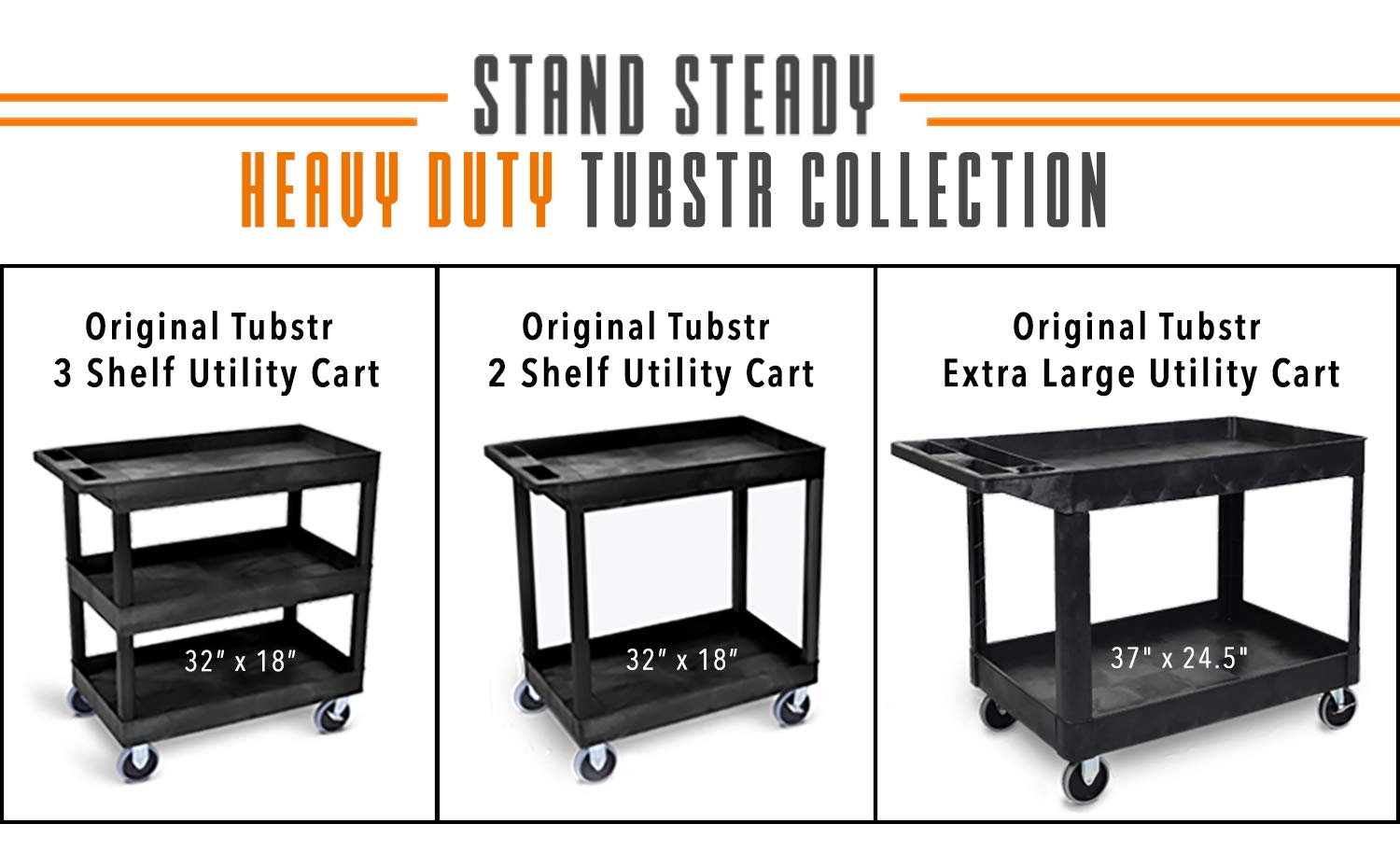 Stand Steady Tubstr 3 Shelf Utility Cart Supports Up to 375 lbs - Heavy-Duty Plastic Service Push Cart with Deep Shelves and 5" Casters, for Offices, Warehouse Storage, Garage (Black, 32 x 18 x 51)