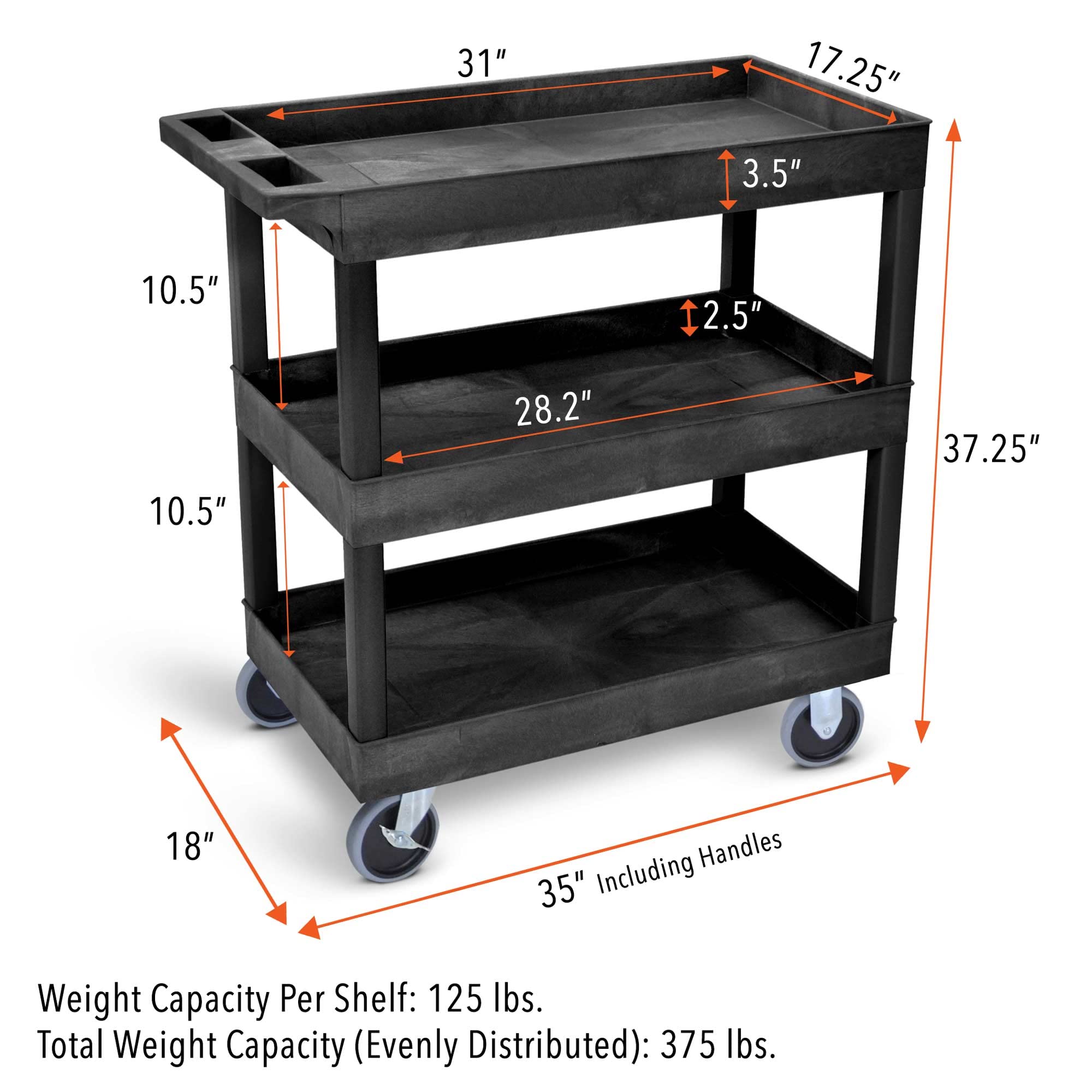 Stand Steady Tubstr 3 Shelf Utility Cart Supports Up to 375 lbs - Heavy-Duty Plastic Service Push Cart with Deep Shelves and 5" Casters, for Offices, Warehouse Storage, Garage (Black, 32 x 18 x 51)