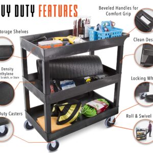 Stand Steady Tubstr 3 Shelf Utility Cart Supports Up to 375 lbs - Heavy-Duty Plastic Service Push Cart with Deep Shelves and 5" Casters, for Offices, Warehouse Storage, Garage (Black, 32 x 18 x 51)