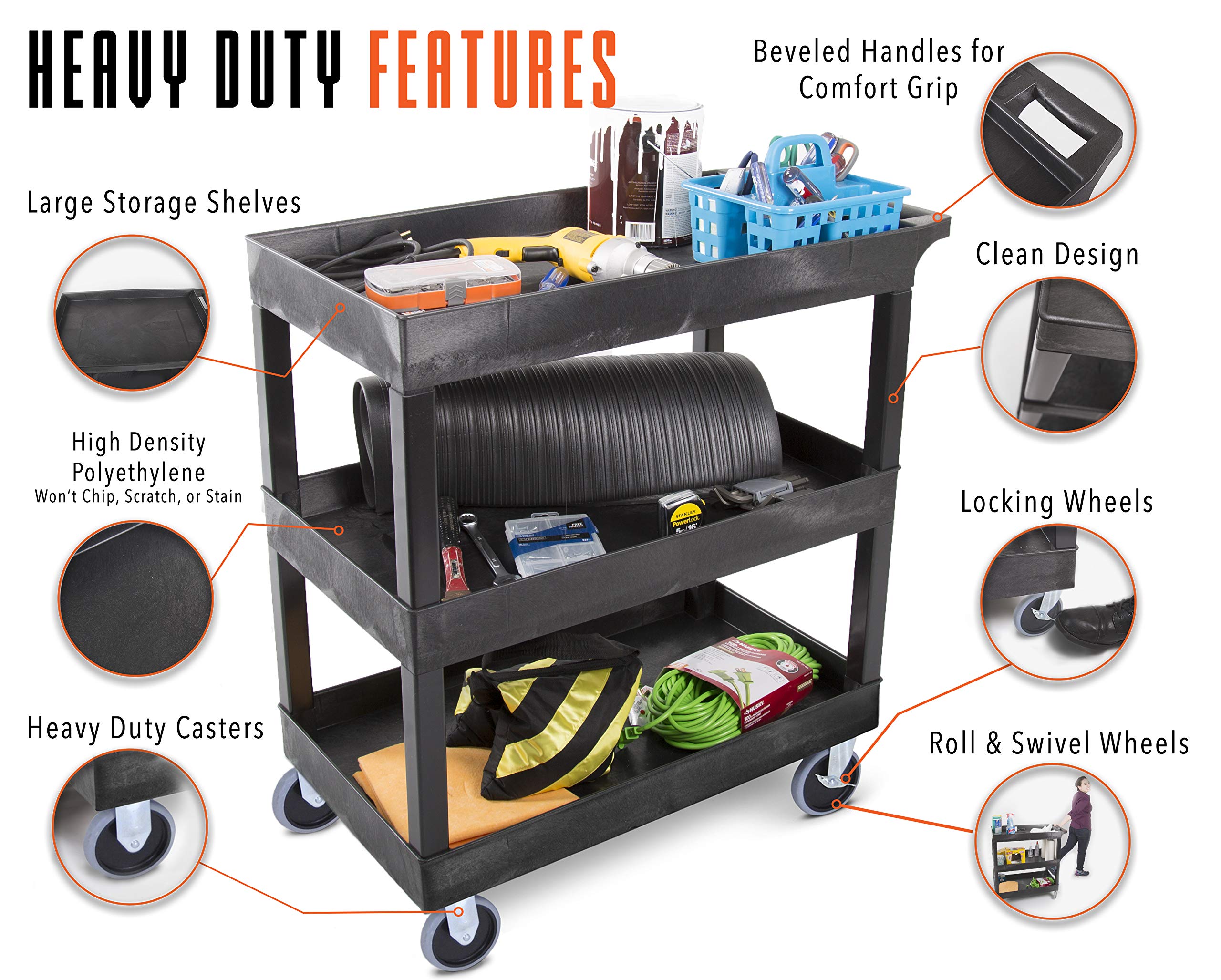 Stand Steady Tubstr 3 Shelf Utility Cart Supports Up to 375 lbs - Heavy-Duty Plastic Service Push Cart with Deep Shelves and 5" Casters, for Offices, Warehouse Storage, Garage (Black, 32 x 18 x 51)