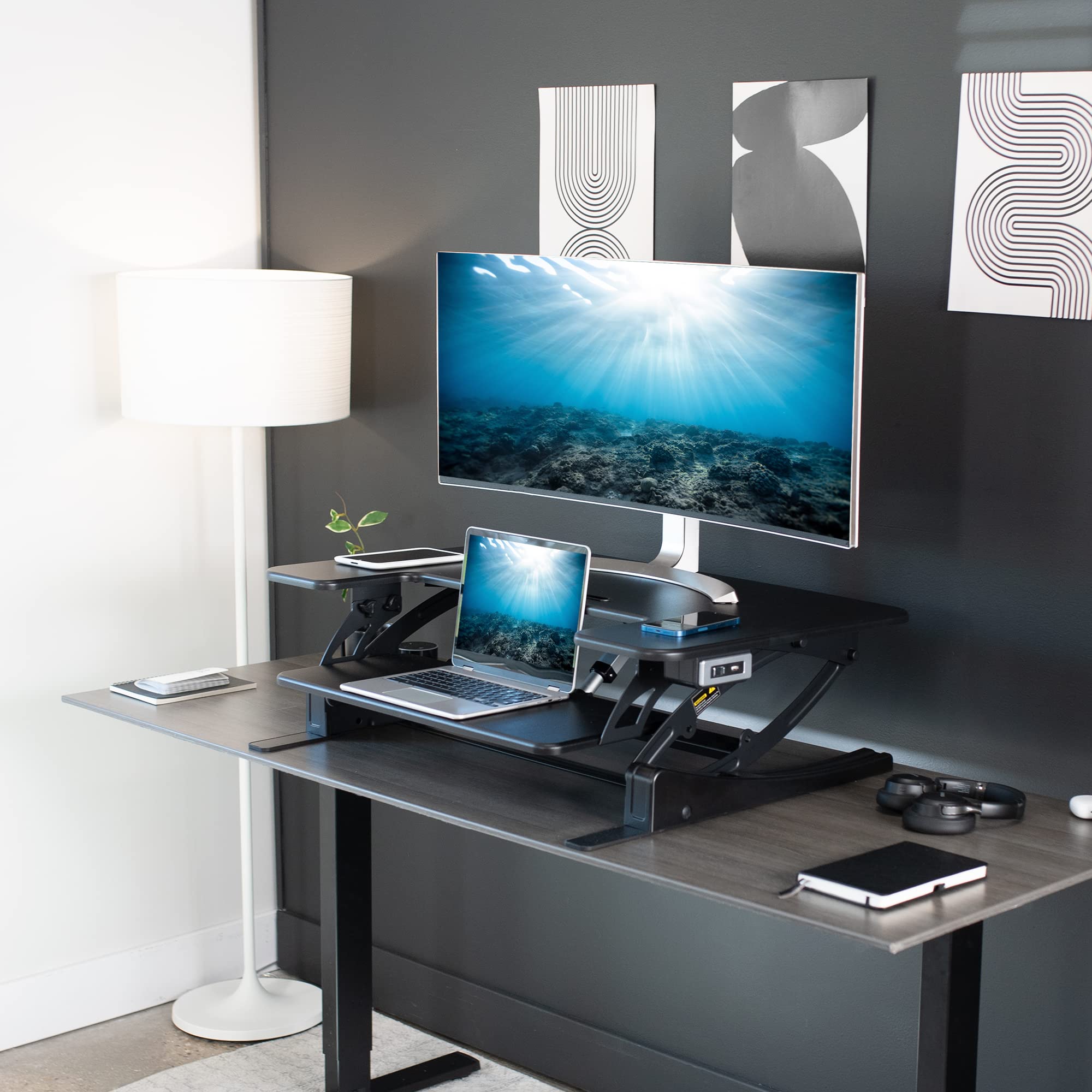 VIVO 36 inch Electric Height Adjustable Stand Up Desk Converter, VE Series, Sit to Stand Tabletop Dual Monitor Riser with USB Port, Black, DESK-V000VE