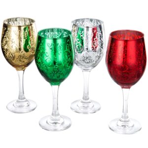 mygift 4 piece stemmed glassware set, holiday multicolor etched wine glasses, baroque pattern gold silver red green colored drinking glass, 10 oz capacity