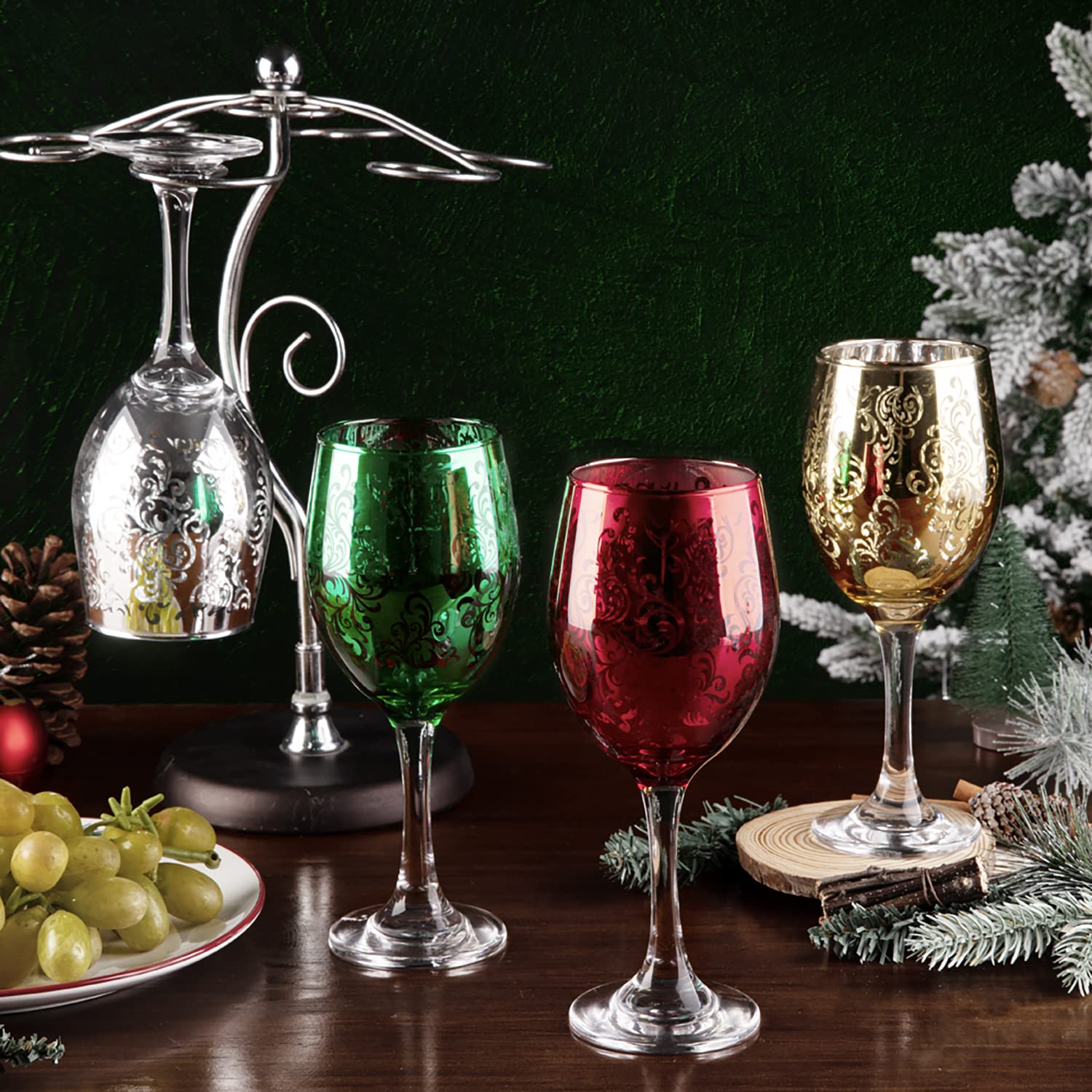 MyGift 4 Piece Stemmed Glassware Set, Holiday Multicolor Etched Wine Glasses, Baroque Pattern Gold Silver Red Green Colored Drinking Glass, 10 oz Capacity