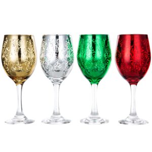 MyGift 4 Piece Stemmed Glassware Set, Holiday Multicolor Etched Wine Glasses, Baroque Pattern Gold Silver Red Green Colored Drinking Glass, 10 oz Capacity