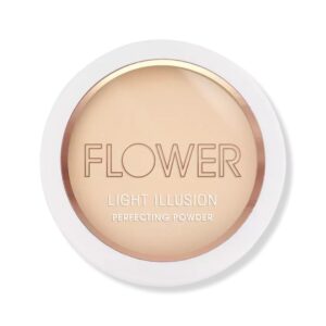 flower beauty light illusion perfecting powder - pressed powder face makeup, buildable medium coverage with blurring pigments, includes mirror & sponge (beige)