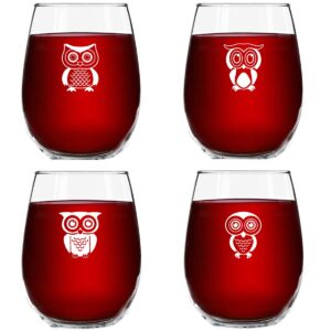 cute owl wine glass set of 4 | stemless wine glasses with 4 unique loveable owls | 15 oz. owl decor glasses | makes fun owl for women | great owl kitchen decor or new home gift ideas | usa made