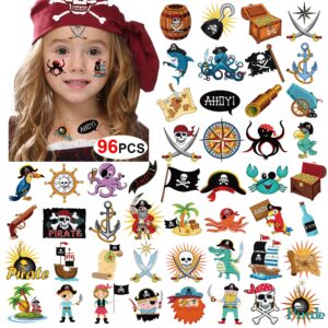 pirate tattoos(96pcs), konsait pirate temporary tattoo fake neverland pirated cannon powder jake captain tattoo body sticker for pirate birthday party favors supplies kids boys girls party bag filler