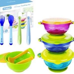 MICHEF Baby Bowls, Baby Feeding Bowls Set with 2 Hot Safe Baby Fork and Spoon, 2 Soft-Tip Silicone Baby Spoons, Mash and Serve Bowl - Baby Shower, Set of 3 Suction Baby Bowls for Toddler with Lids