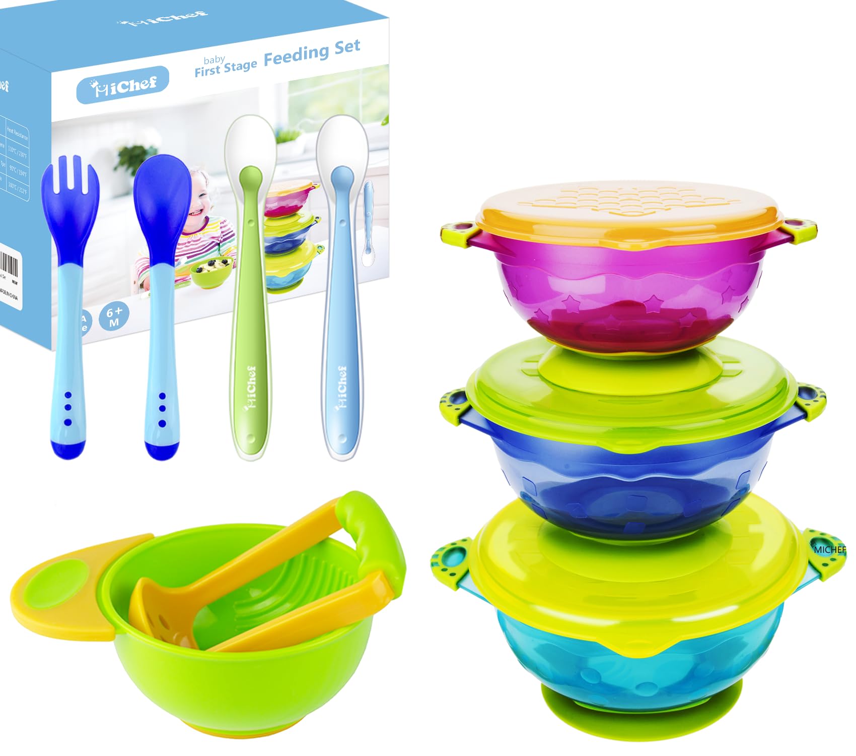 MICHEF Baby Bowls, Baby Feeding Bowls Set with 2 Hot Safe Baby Fork and Spoon, 2 Soft-Tip Silicone Baby Spoons, Mash and Serve Bowl - Baby Shower, Set of 3 Suction Baby Bowls for Toddler with Lids