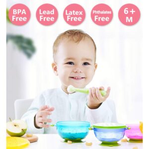 MICHEF Baby Bowls, Baby Feeding Bowls Set with 2 Hot Safe Baby Fork and Spoon, 2 Soft-Tip Silicone Baby Spoons, Mash and Serve Bowl - Baby Shower, Set of 3 Suction Baby Bowls for Toddler with Lids