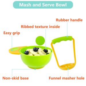 MICHEF Baby Bowls, Baby Feeding Bowls Set with 2 Hot Safe Baby Fork and Spoon, 2 Soft-Tip Silicone Baby Spoons, Mash and Serve Bowl - Baby Shower, Set of 3 Suction Baby Bowls for Toddler with Lids