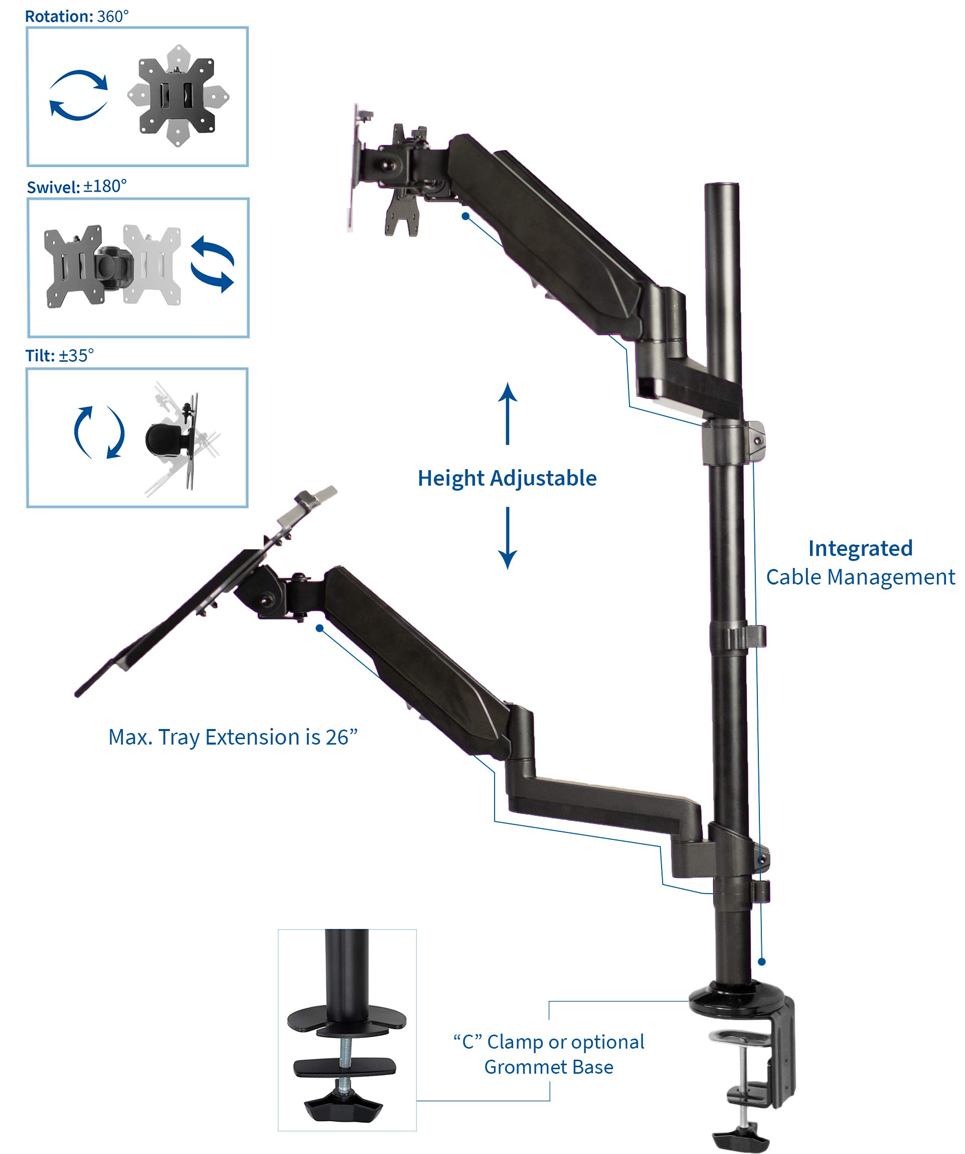 VIVO Black Dual Monitor Sit-Stand Height Adjustable Workstation, Standing Desk Mount with Pneumatic Spring, Holds 2 Screens up to 32 inches STAND-SIT2B