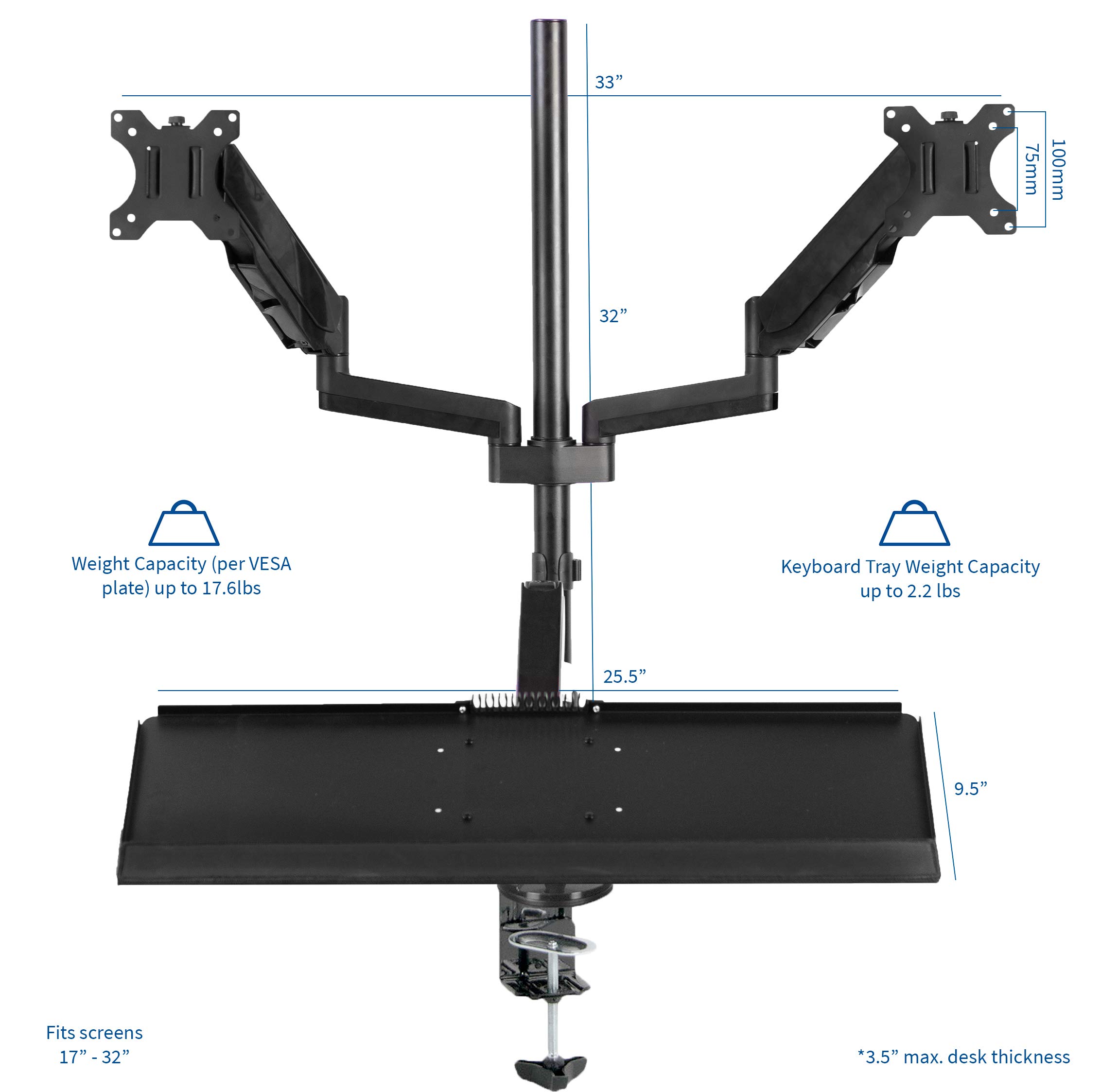 VIVO Black Dual Monitor Sit-Stand Height Adjustable Workstation, Standing Desk Mount with Pneumatic Spring, Holds 2 Screens up to 32 inches STAND-SIT2B