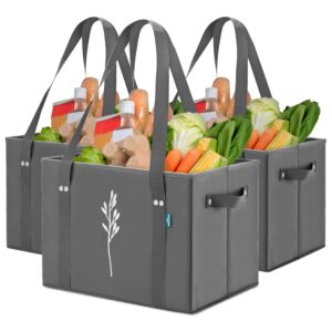 green bulldog reusable grocery bags - heavy duty, foldable, space saving tote shopping bags - box bag w/straps and handles (set of 3) - gray