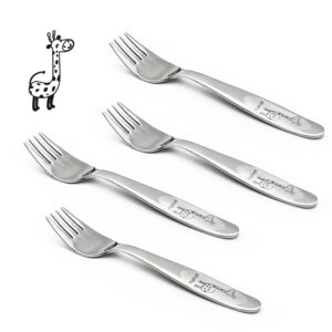 funnuo 4 pack 18/8 stainless steel toddler forks with colorful giraffe image, kids metal forks set, safe children forks for self-feeding, dishwasher safe