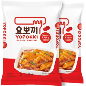 yopokki instant tteokbokki pack (sweet mild spicy, pack of 2) korean street food with sweet and moderately spicy sauce topokki rice cake - quick & easy to prepare