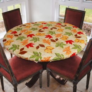 Covers For The Home Deluxe Elastic Edged Flannel Backed Vinyl Fitted Table Cover - All-Over Leaves Pattern - Large Round - Fits Tables up to 45" - 56" Diameter