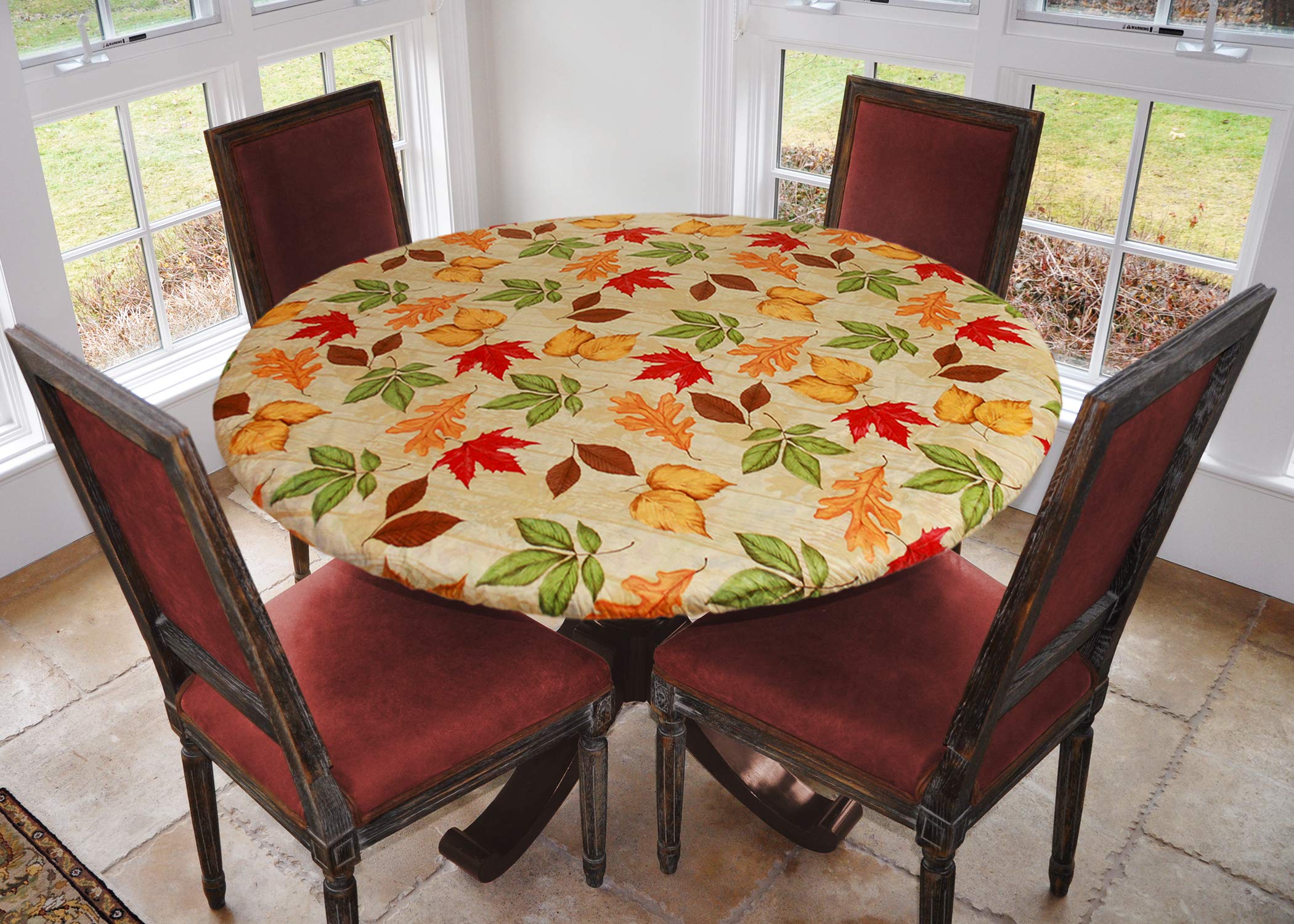 Covers For The Home Deluxe Elastic Edged Flannel Backed Vinyl Fitted Table Cover - All-Over Leaves Pattern - Large Round - Fits Tables up to 45" - 56" Diameter