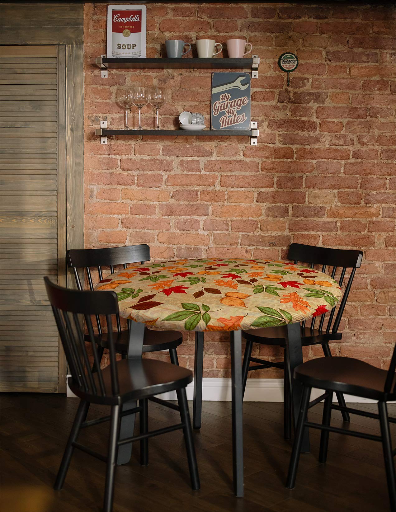 Covers For The Home Deluxe Elastic Edged Flannel Backed Vinyl Fitted Table Cover - All-Over Leaves Pattern - Large Round - Fits Tables up to 45" - 56" Diameter