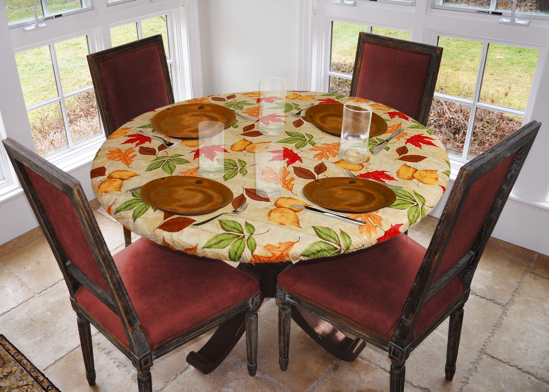 Covers For The Home Deluxe Elastic Edged Flannel Backed Vinyl Fitted Table Cover - All-Over Leaves Pattern - Large Round - Fits Tables up to 45" - 56" Diameter